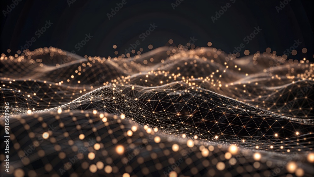 Abstract digital representation of a dark network with golden glowing ...