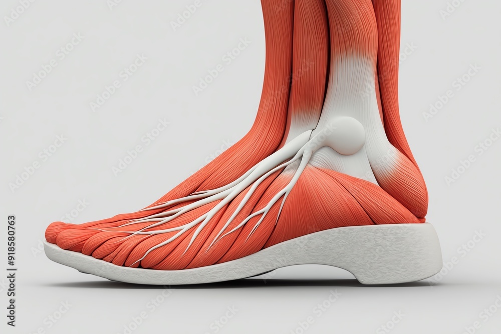 Detailed view of the muscles in the foot with nerve pathways visible ...