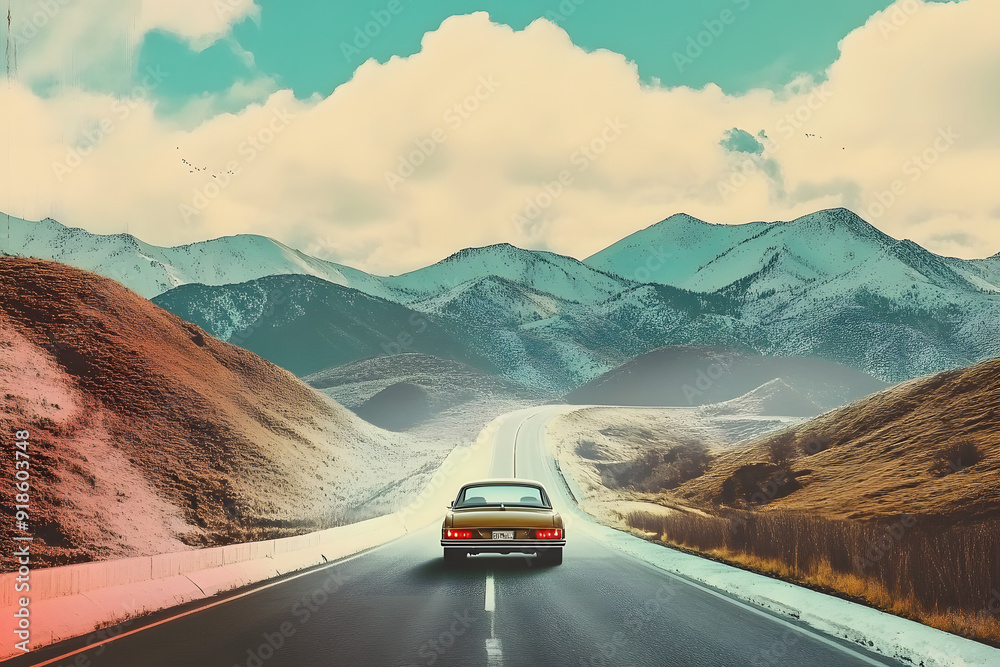 Collage Retro dreamy of a car driving on expressway through mountains ...