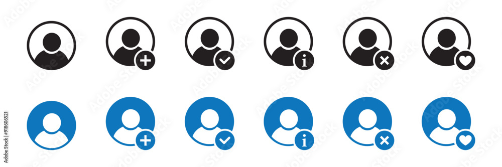 User icon collection. Person profile avatar with plus, check mark, user information, heart, Add ...