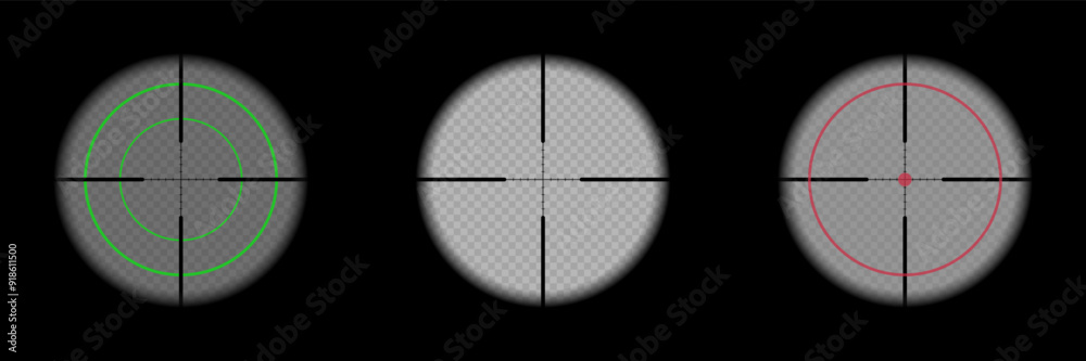 Weapon night sights, sniper rifle optical scopes. Hunting gun viewfinder with crosshair. Aim ...