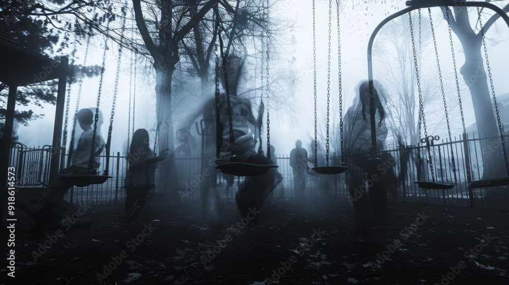 Eerie scene of ghostly children on swings in a fog-covered playground ...