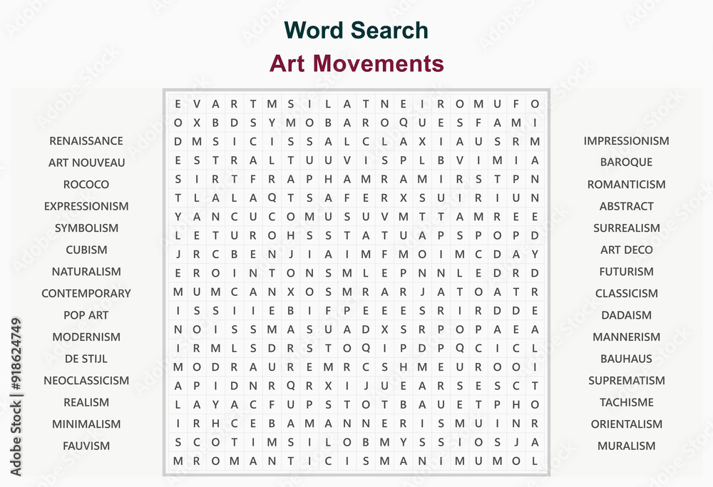 Word search puzzle vector (Word find game) illustration. Art Movements ...