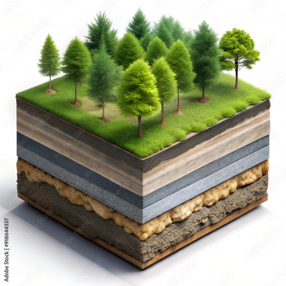 A green grass field and the cross-section shows a gray forest soil ...