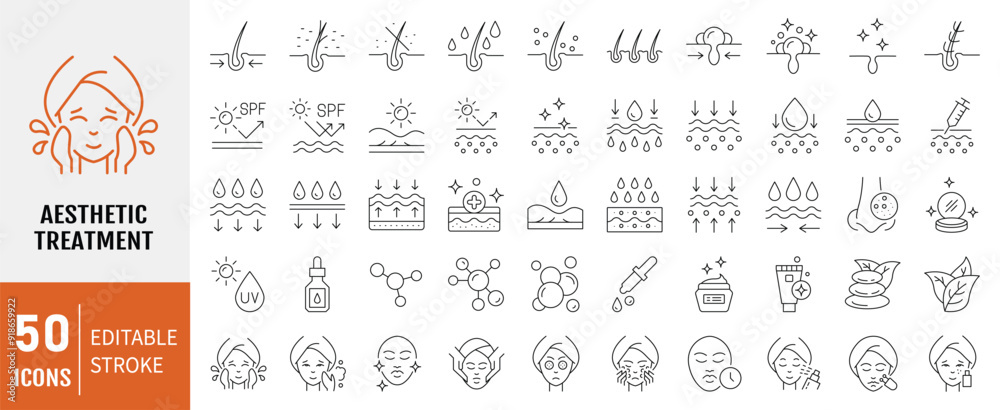 Skin care line icons set. Moisture cream, acid, anti wrinkle serum ...