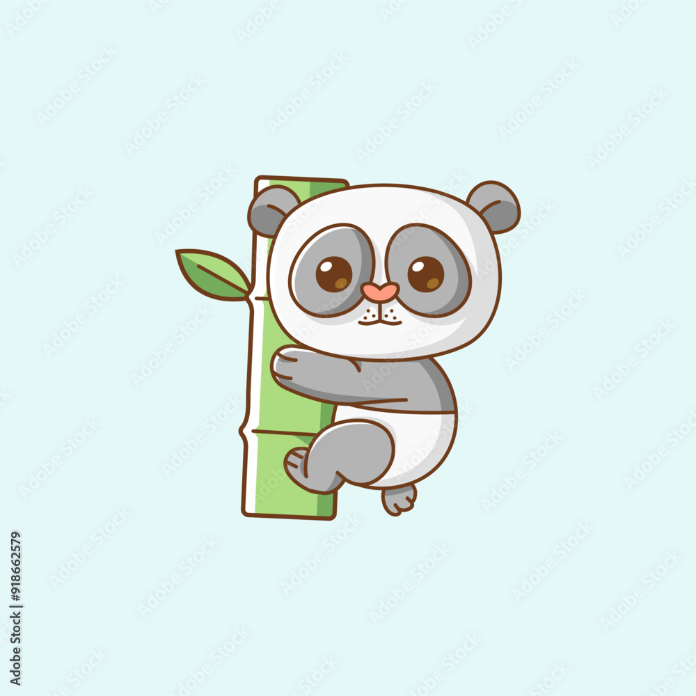 Cute panda hug bamboo hanging kawaii chibi character mascot ...