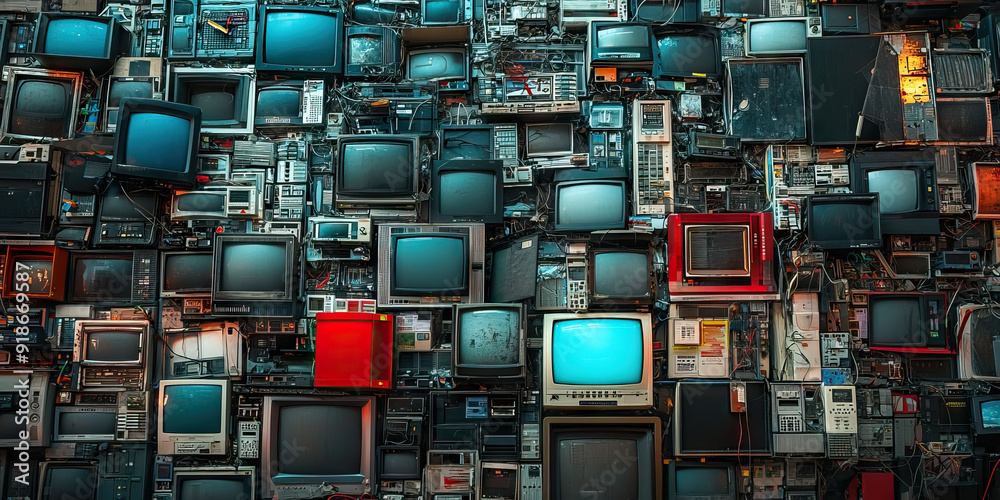 E-Waste Explosion: A wall of old electronics, including outdated ...