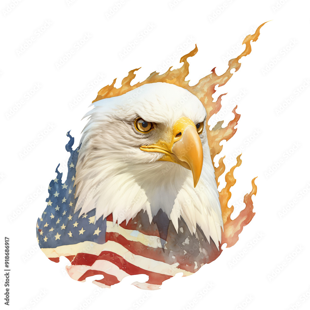 Bald eagle with burning American flag isolated on transparent ...