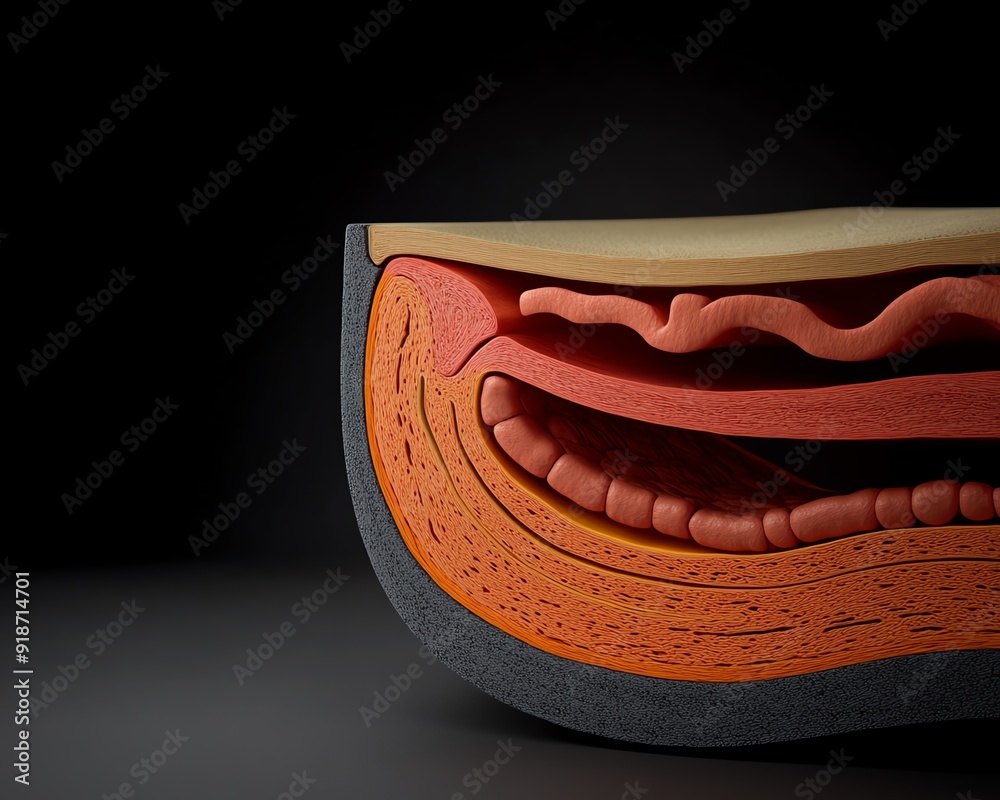 Detailed view of the duodenal muscle layers, showing the intricate ...