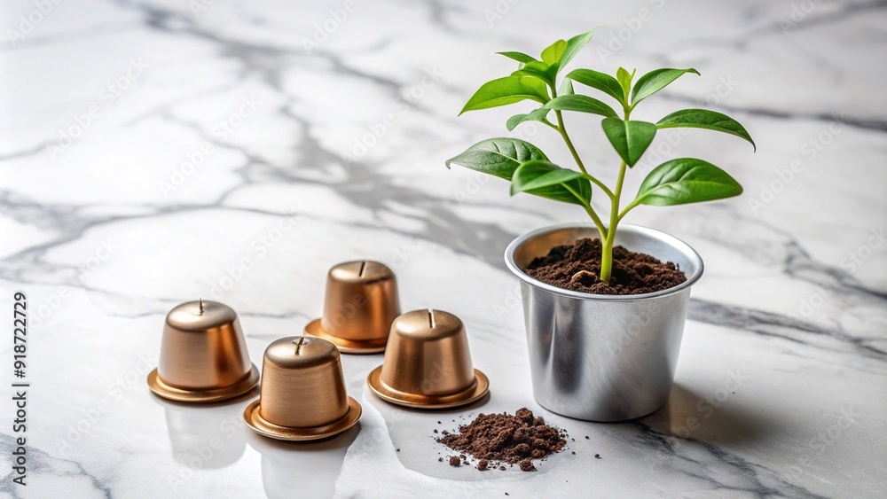 Delicate coffee capsules and a tiny seedling on a crisp white marble ...
