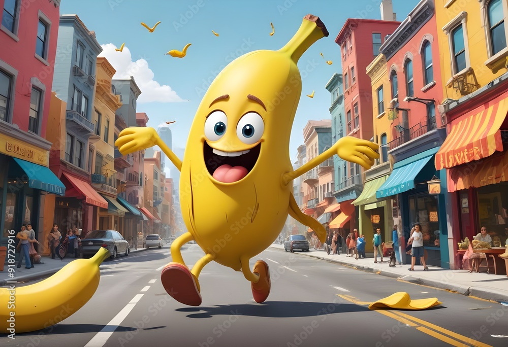Banana cartoon.A cartoon character slipping on a banana peel in an ...