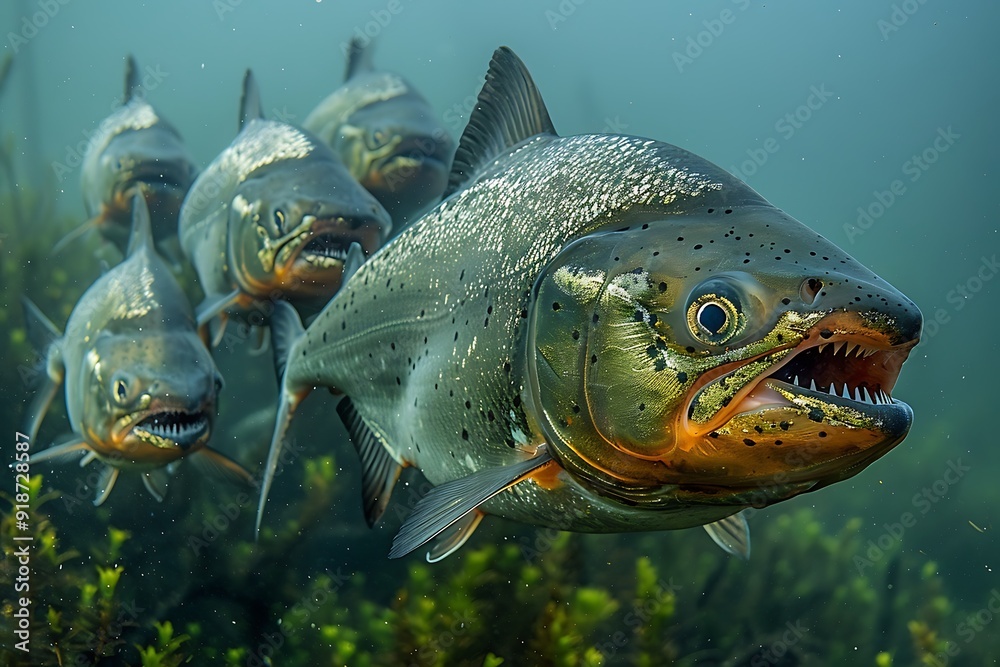 Group of Piranhas Pygocentrus nattereri swimming together in the Amazon ...
