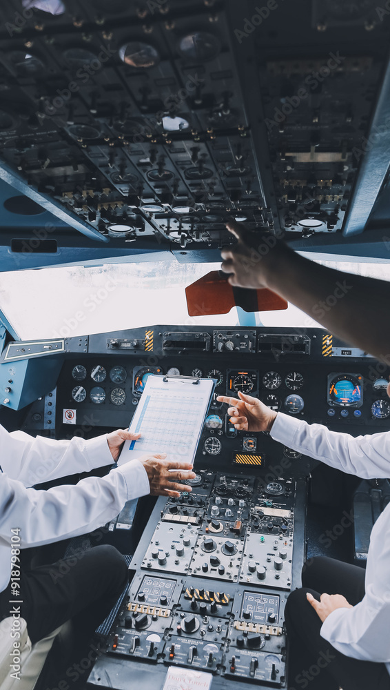 Professional pilot woman in uniform has teamwork meeting for success ...