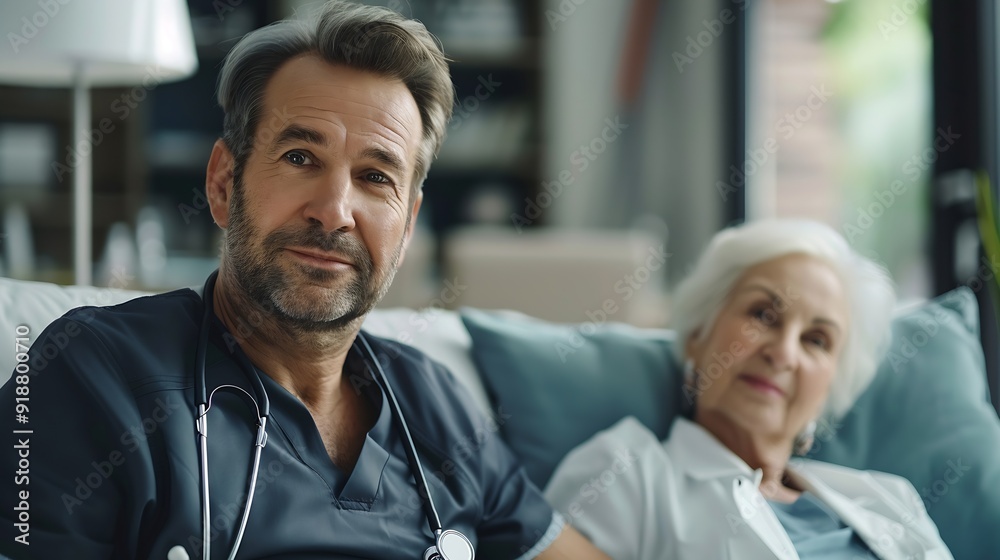 Young friendly nurse man or caregiver help sick senior elderly woman ...