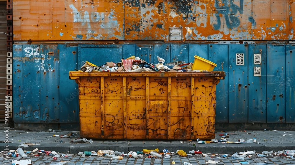 A waste container overflowed A steel industrial with rubbish on the ...