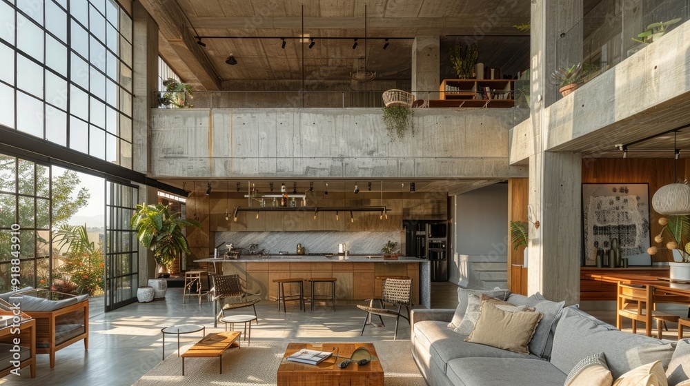 loft apartment interior, large open space with double height ceilings ...