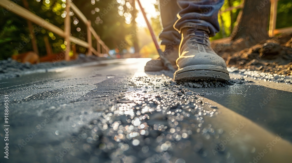 Man working on smoothing concrete driveway for the new home build at ...