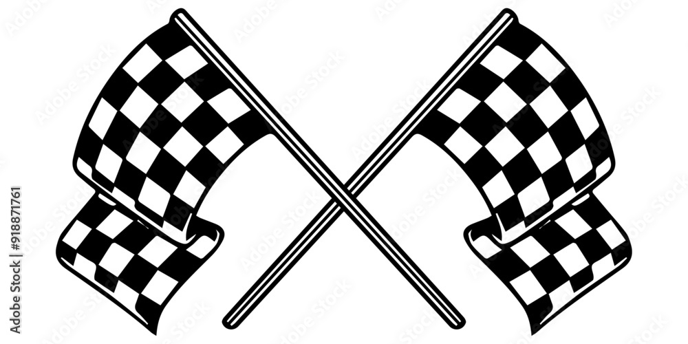 Crossed racing flags. Black and white flags, stylish checkerboard curly ...