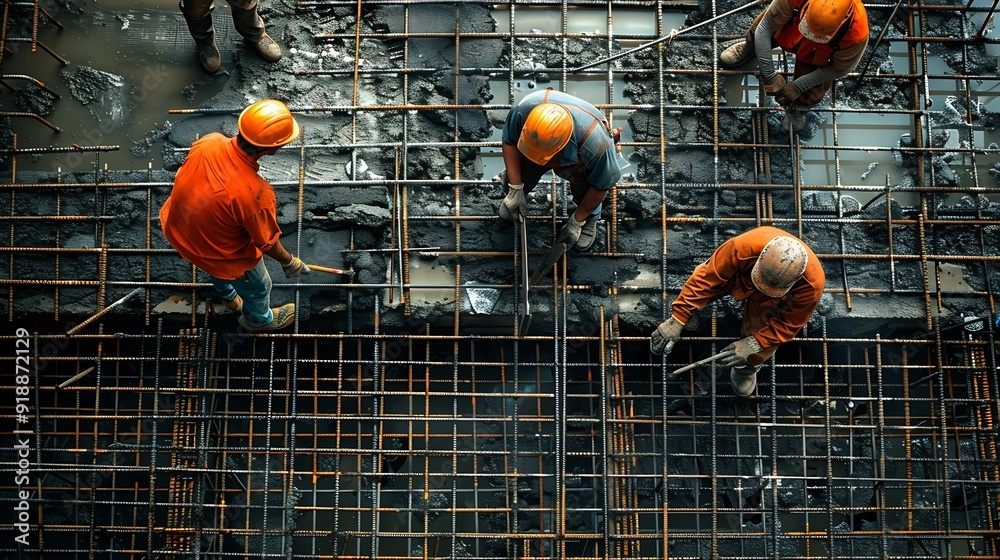 Construction workers during installation of steel gratings for the ...