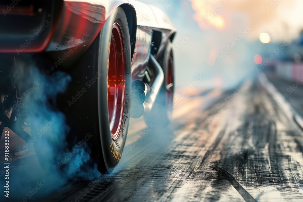 Drag racing car preps tires by burning rubber Stock Photo | Adobe Stock
