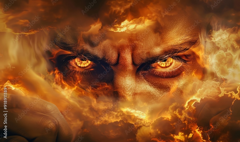 Fiery eyes and clenched fists express intense anger and frustration ...
