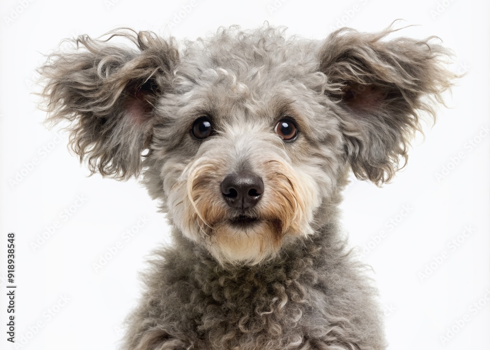 Adorable Pumi dog with curly fur and tilted head stands against a clean ...