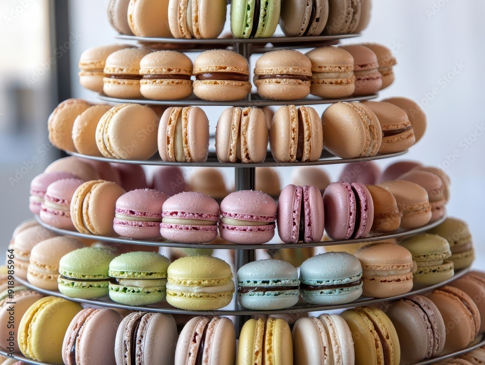 Towering display of macarons in a variety of flavors and colors, French ...