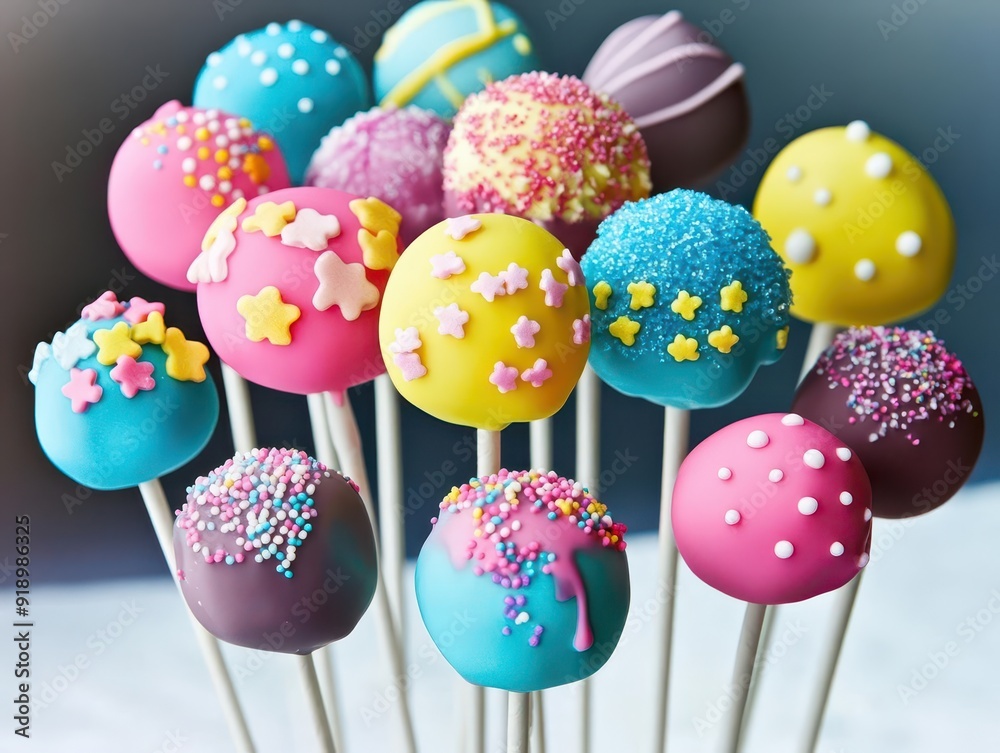 Whimsical cake pops in various shapes and designs, playful, bitesized ...