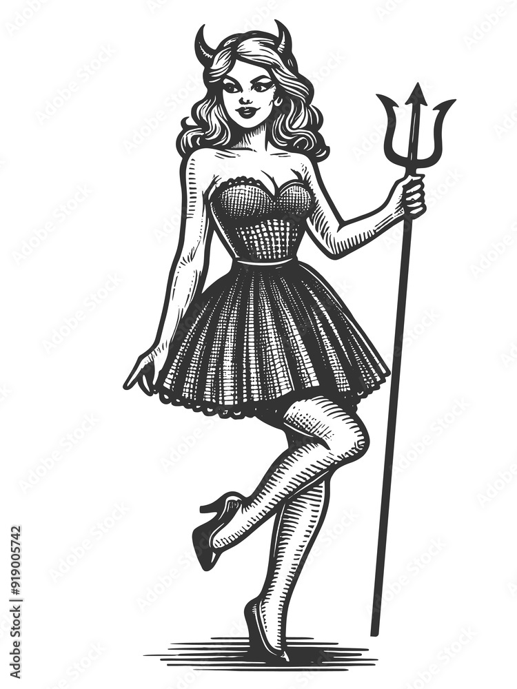 three female devil characters, short dresses and platform boots ...
