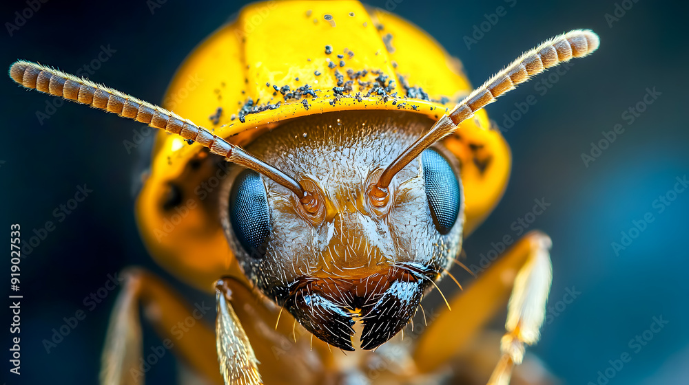 Extreme close up of a fierce looking wasp with its striking yellow and ...