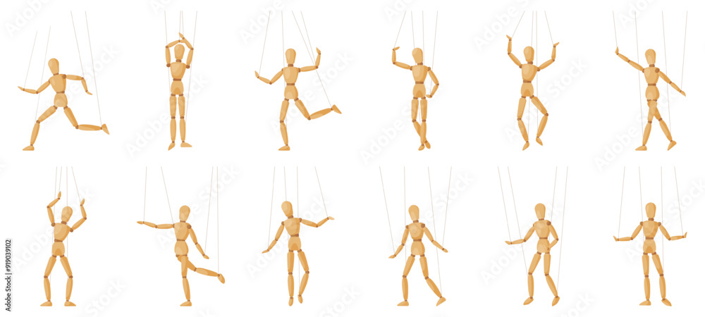 Wooden marionette. Wood puppets in different body poses, gestures and ...