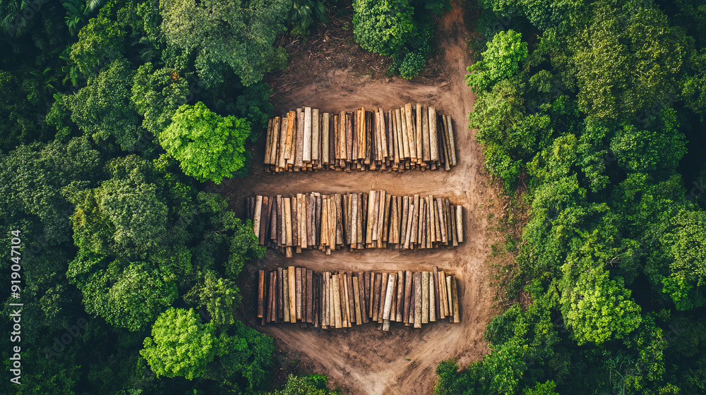 "Aerial view of a logging yard in the rainforest, situated in a ...