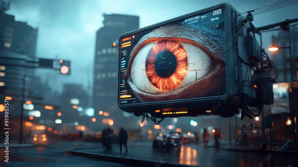 Futuristic cyberpunk city with a giant electronic billboard displaying ...