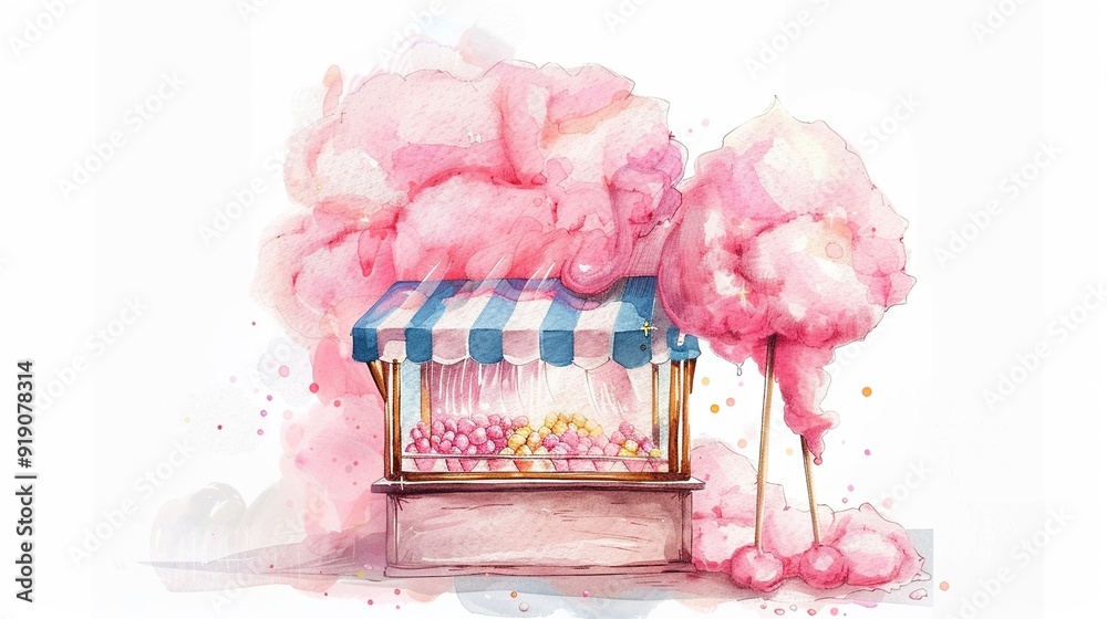 Cotton candy stand with fluffy pink cotton candy,Clipart, watercolor ...