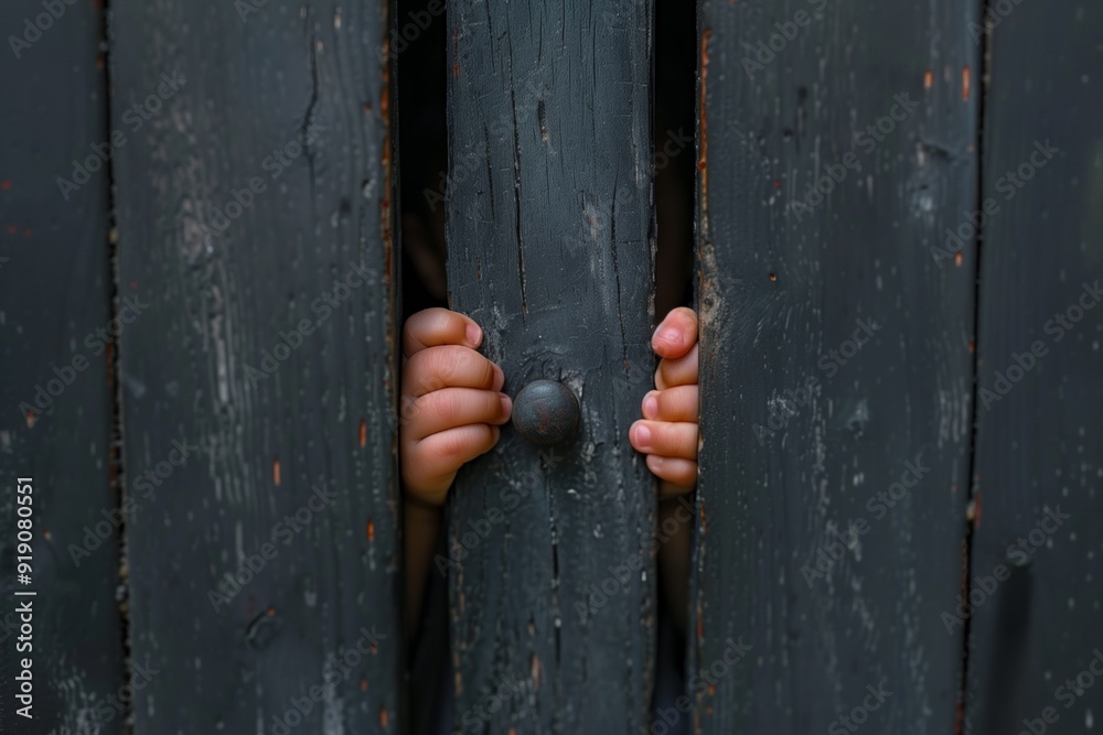 Child's hands sticking out of the crack, locked in. Child abuse child ...