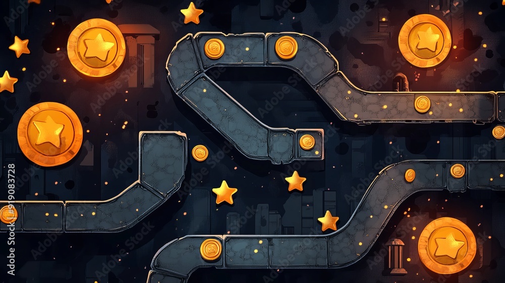 A retro arcade game level map interface with underground factory ...