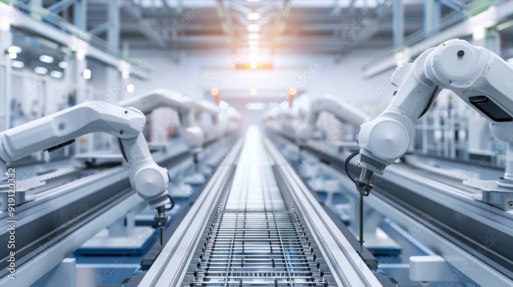 Automated assembly line in a modern factory, with robotic arms working efficiently to streamline ...