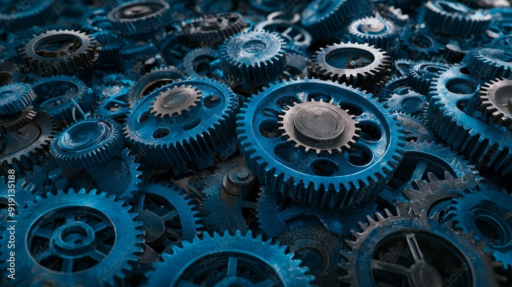 Blue metal gears interlocking to represent teamwork and machinery ...