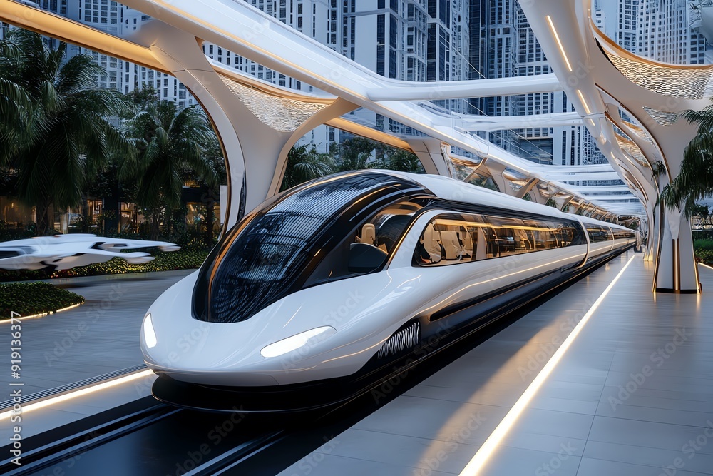 A futuristic transportation hub with hyperloop stations, flying cars, and AI-driven traffic ...