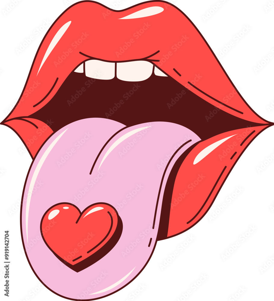 Retro y2k groovy mouth with sticking out tongue and heart vector emoji ...