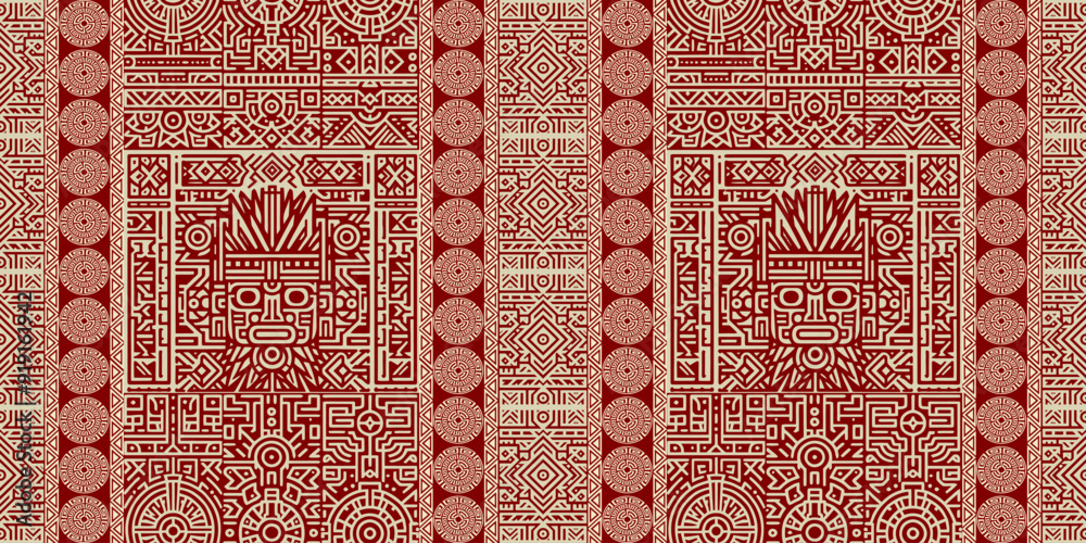 Intricate red and beige Aztec-inspired pattern with geometric shapes ...