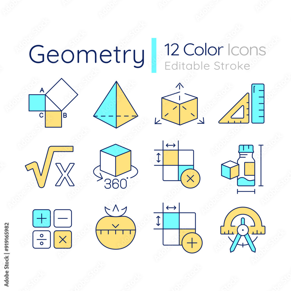 Geometry RGB color icons set. School subject. Trigonometry class ...