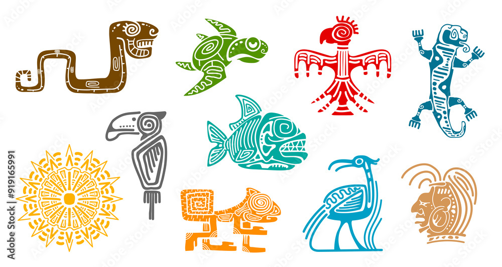 Mayan aztec totems set, tribal symbols of animals such as a snake, bird ...