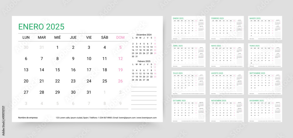 2025 Spanish calendar. Planner template. Calender layout with month ...