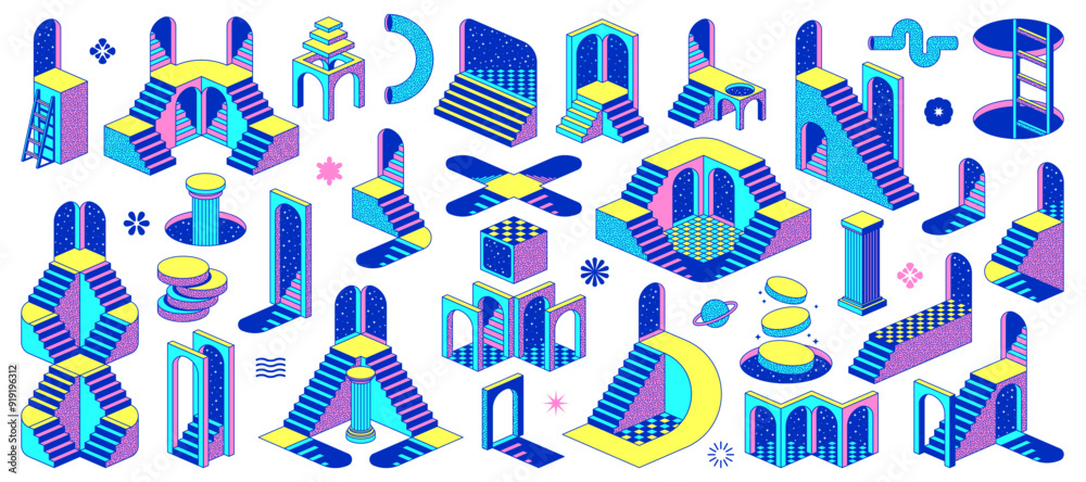 Psychedelic trippy y2k surreal elements and icons. Columns and shapes ...