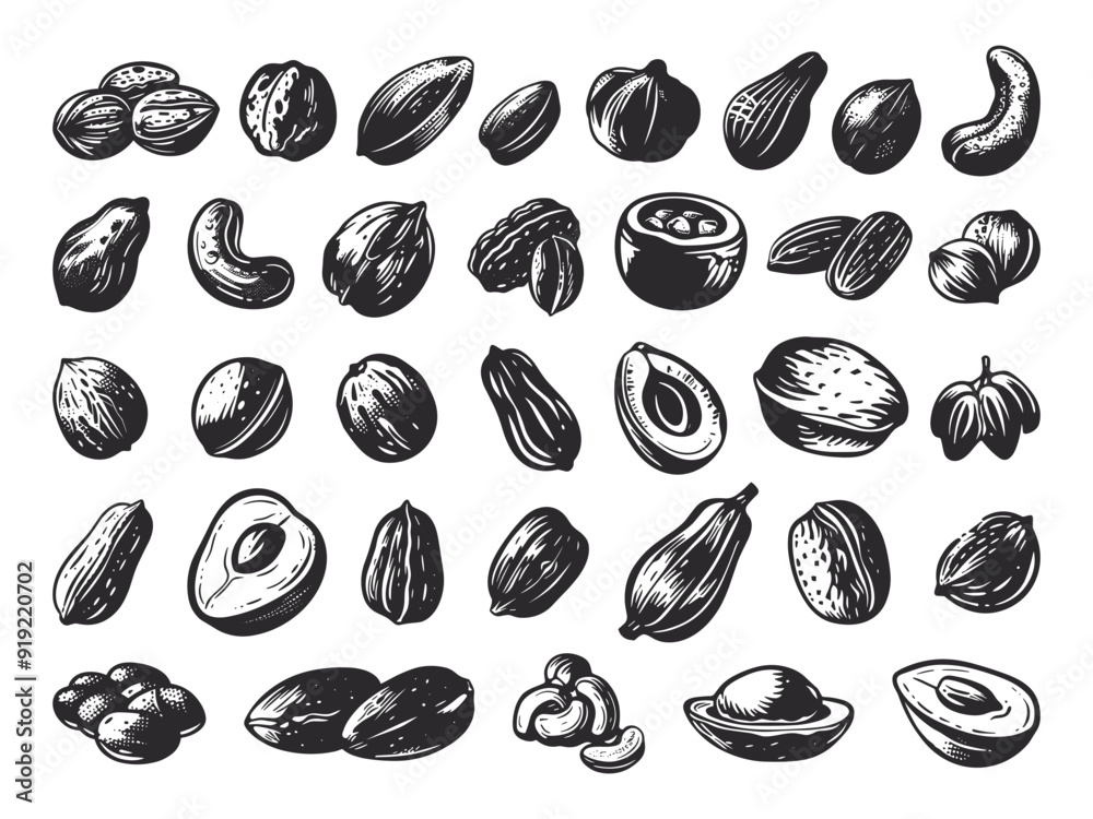 Nuts Linocut Print Style Icons Set Various Nut Illustrations Detailed ...
