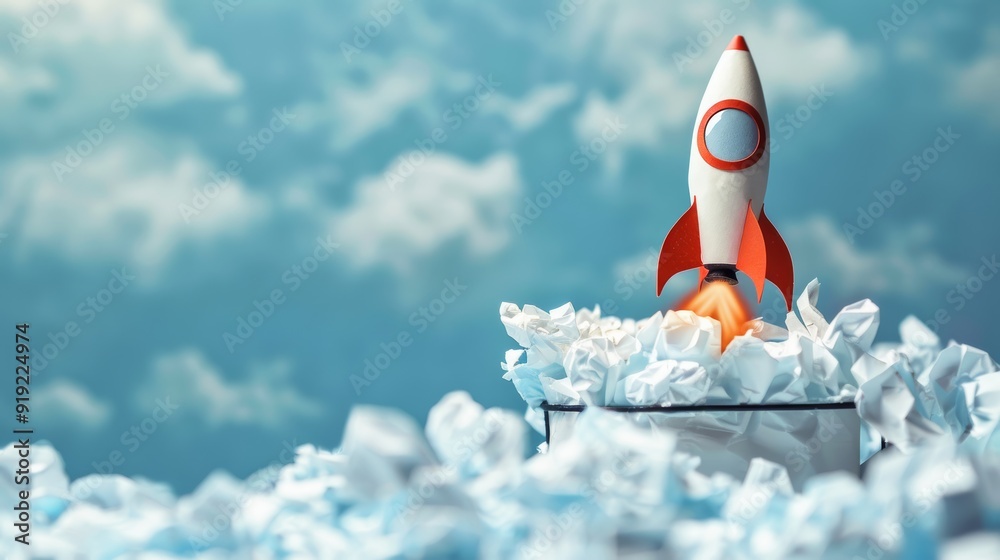 Conceptual image of a rocket emerging from a trash bin of crumpled ...