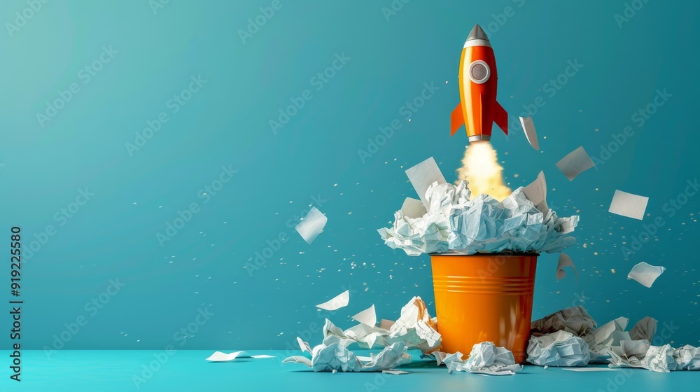 Visual metaphor of a rocket blasting off from a trash can full of paper ...