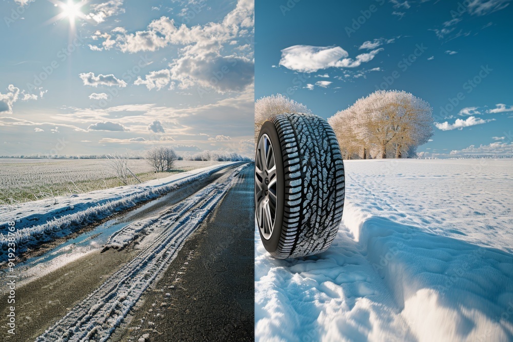 Season transition concept. Winter and summer tire on split background. Left side shows a wet ...