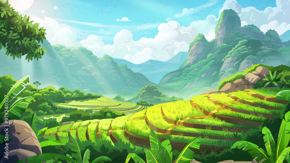 Terraced Rice Paddies Cartoon Illustration Lush Green Fields ...